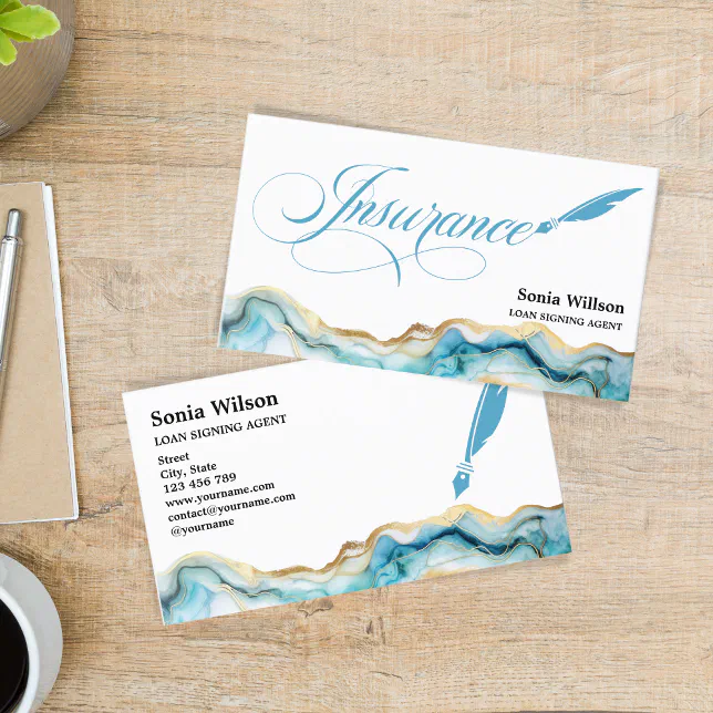 Elegant Blue Marble Professional Insurance Agent Business Card | Zazzle