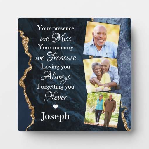 Elegant Blue Marble Remembrance 3 Photo Memorial Plaque | Zazzle