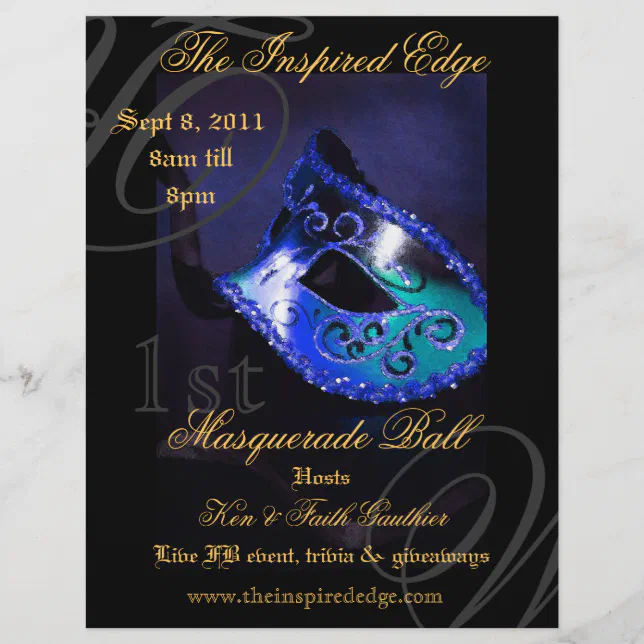 Elegant Blue Masquerade Ball Party Event Flyer | Zazzle