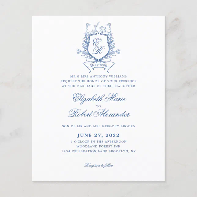 Elegant Blue Monogram Crest Traditional Wedding | Zazzle