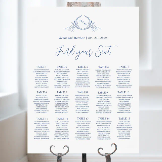 Elegant Blue Monogram Wedding Seating Chart Sign | Zazzle