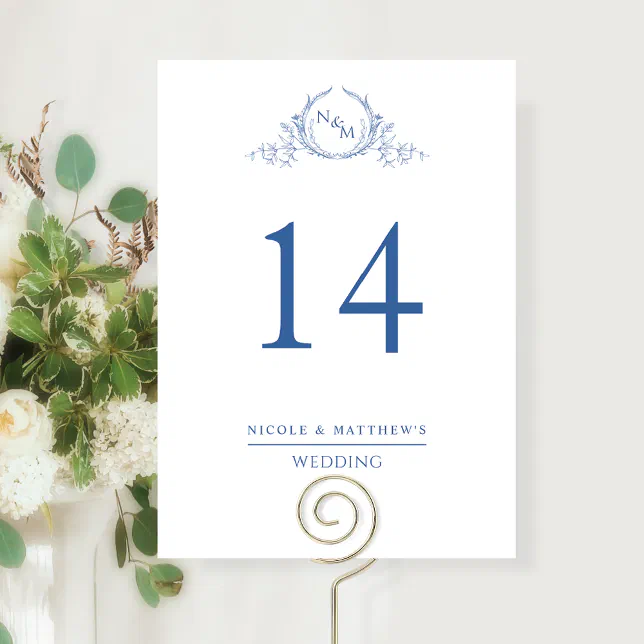 Elegant Blue Monogrammed Wedding Table Number | Zazzle