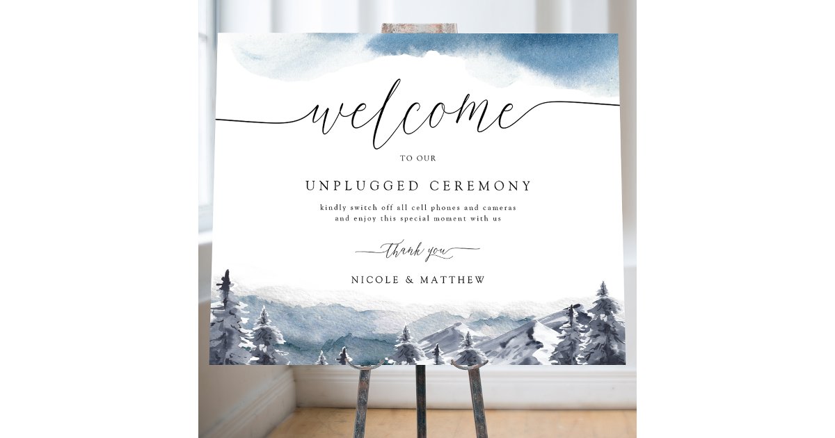 Elegant Blue Mountains Unplugged Ceremony Sign | Zazzle