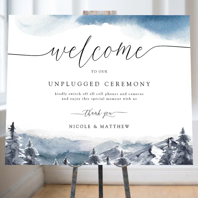 Elegant Blue Mountains Unplugged Ceremony Sign | Zazzle