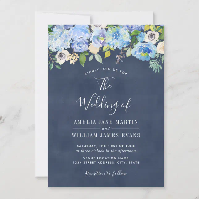 Elegant Blue Navy Floral Wedding Invitation | Zazzle
