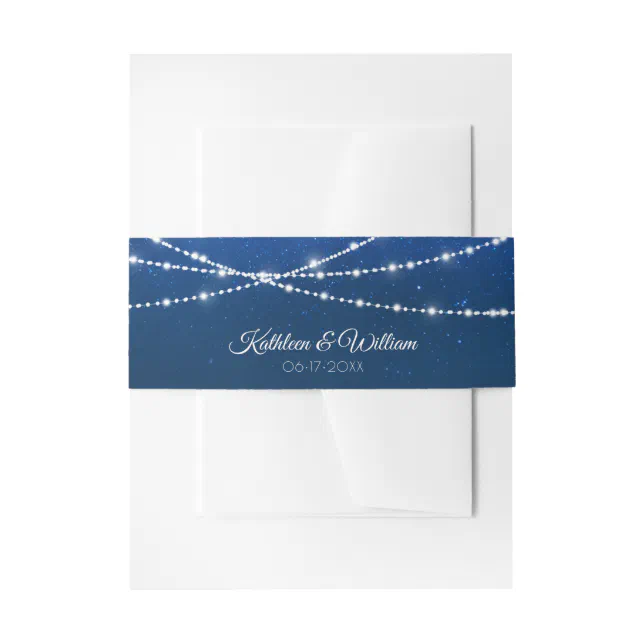 Elegant Blue Night & Silver String Lights Wedding Invitation Belly Band ...