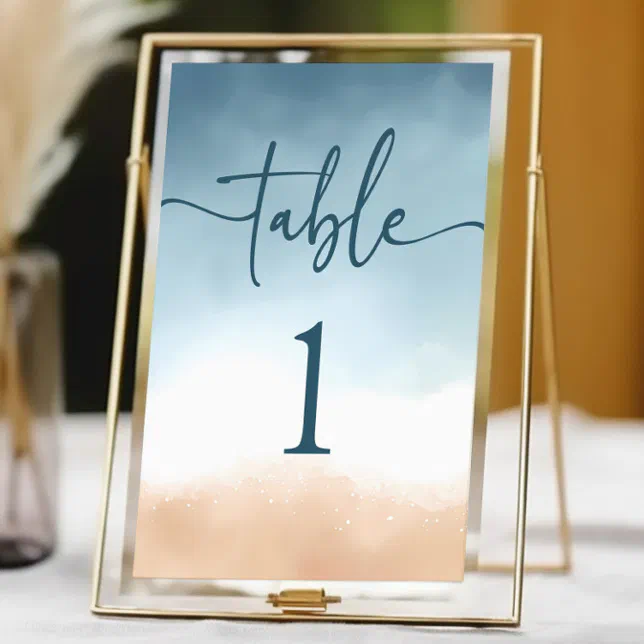 Elegant Blue Ocean Beach Shore Sand Wedding Table Number | Zazzle