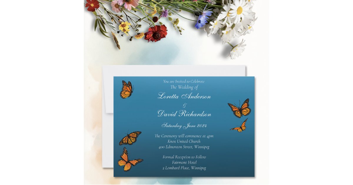 Elegant Blue Ombre Romantic Monarch Butterfly Invitation | Zazzle
