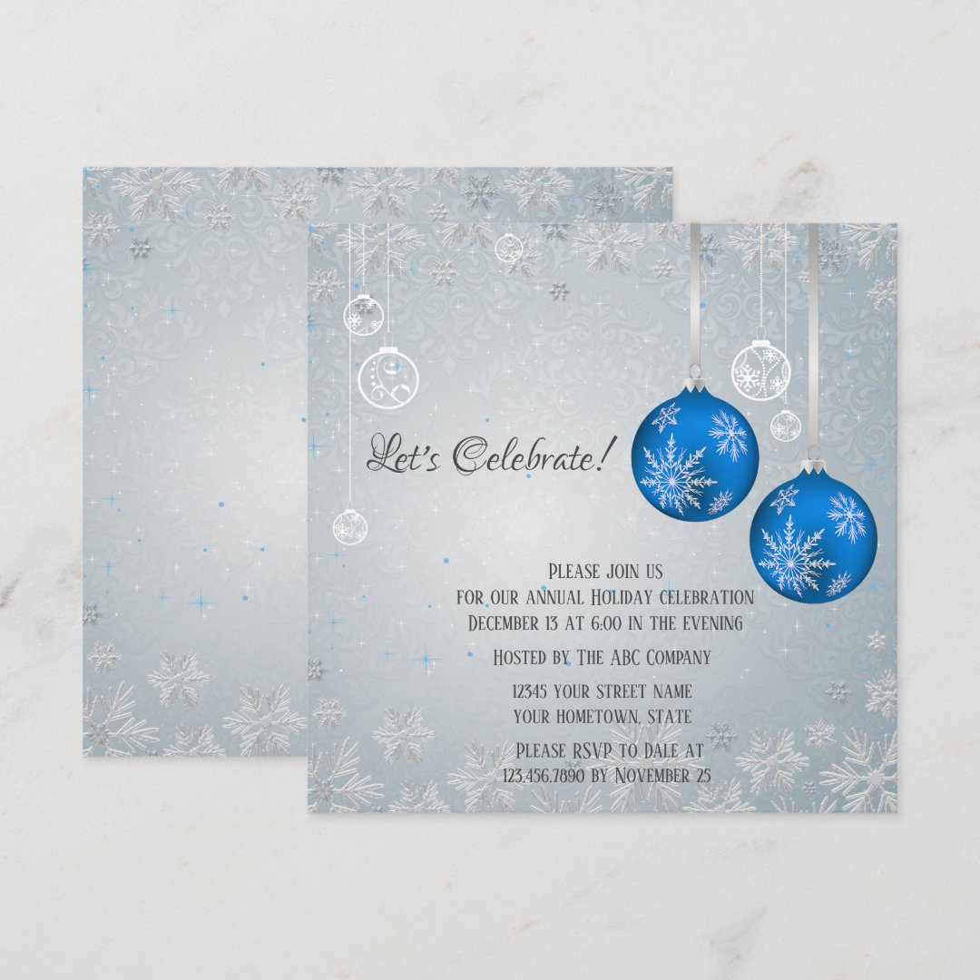 Elegant Blue Ornaments Silver Snowflakes Christmas Invitation | Zazzle