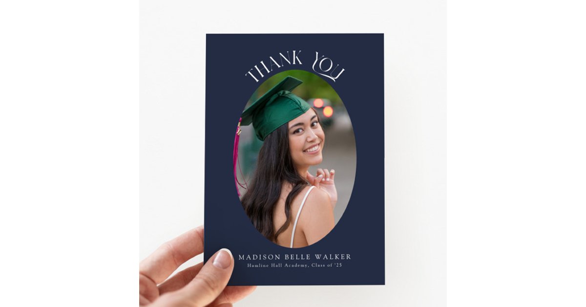 Elegant Blue Oval Graduation Photo Thank You | Zazzle