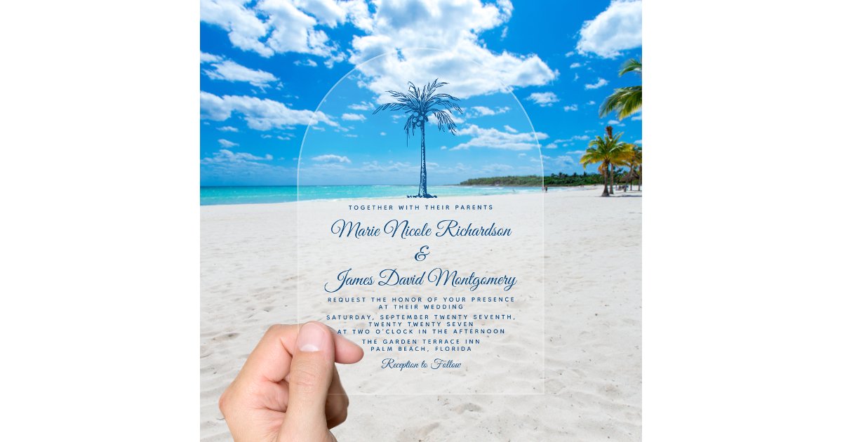 Elegant Blue Palm Formal Beach Wedding Acrylic Invitations | Zazzle