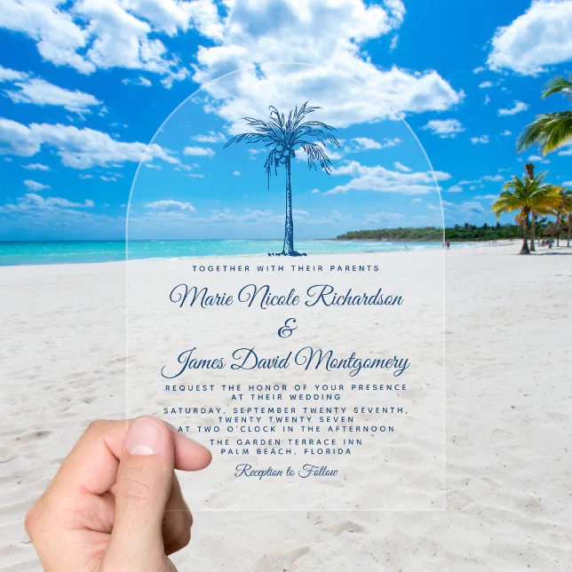 Elegant Blue Palm Formal Beach Wedding Acrylic Invitations | Zazzle