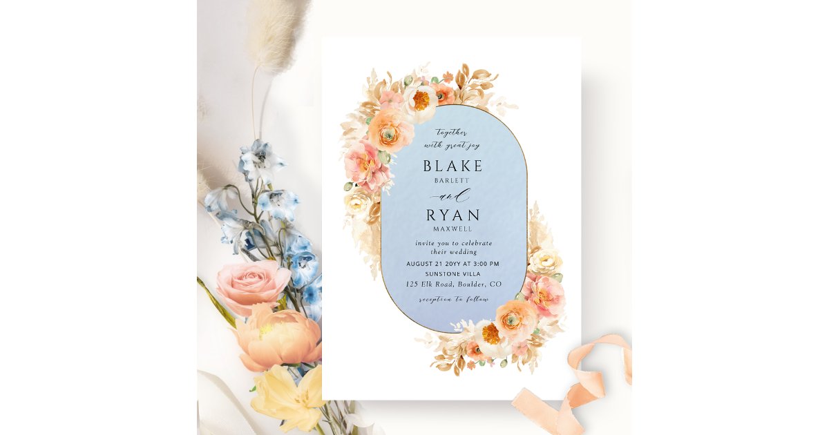 Elegant Blue, Peach Blush and Cream Oval Wedding Invitation | Zazzle