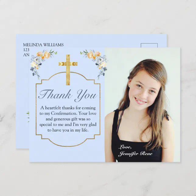 Elegant Blue Peach Floral Confirmation Thank You C Postcard | Zazzle