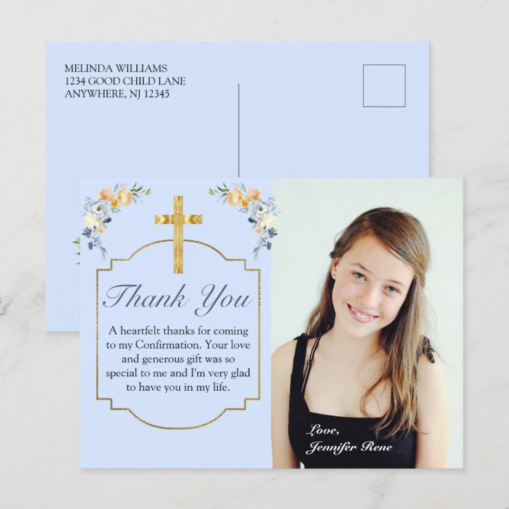Elegant Blue Peach Floral Confirmation Thank You C Postcard | Zazzle