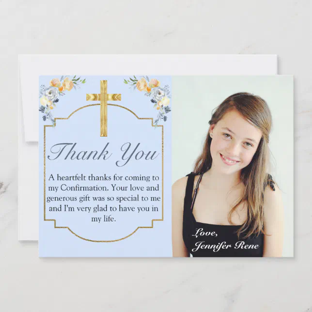 Elegant Blue Peach Floral Confirmation Thank You Card | Zazzle
