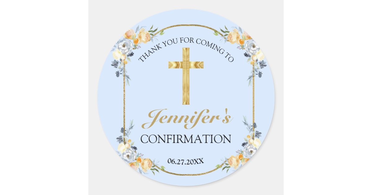 Elegant Blue Peach Floral Confirmation Thank You Classic Round Sticker ...
