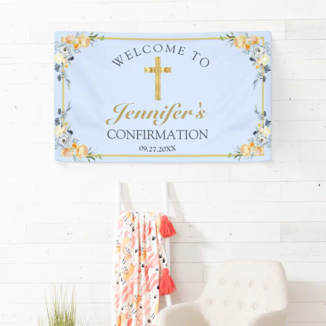 Elegant Blue Peach Floral Confirmation Welcome Banner | Zazzle
