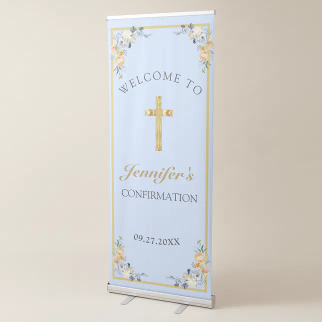 Elegant Blue Peach Floral Confirmation Welcome Retractable Banner | Zazzle