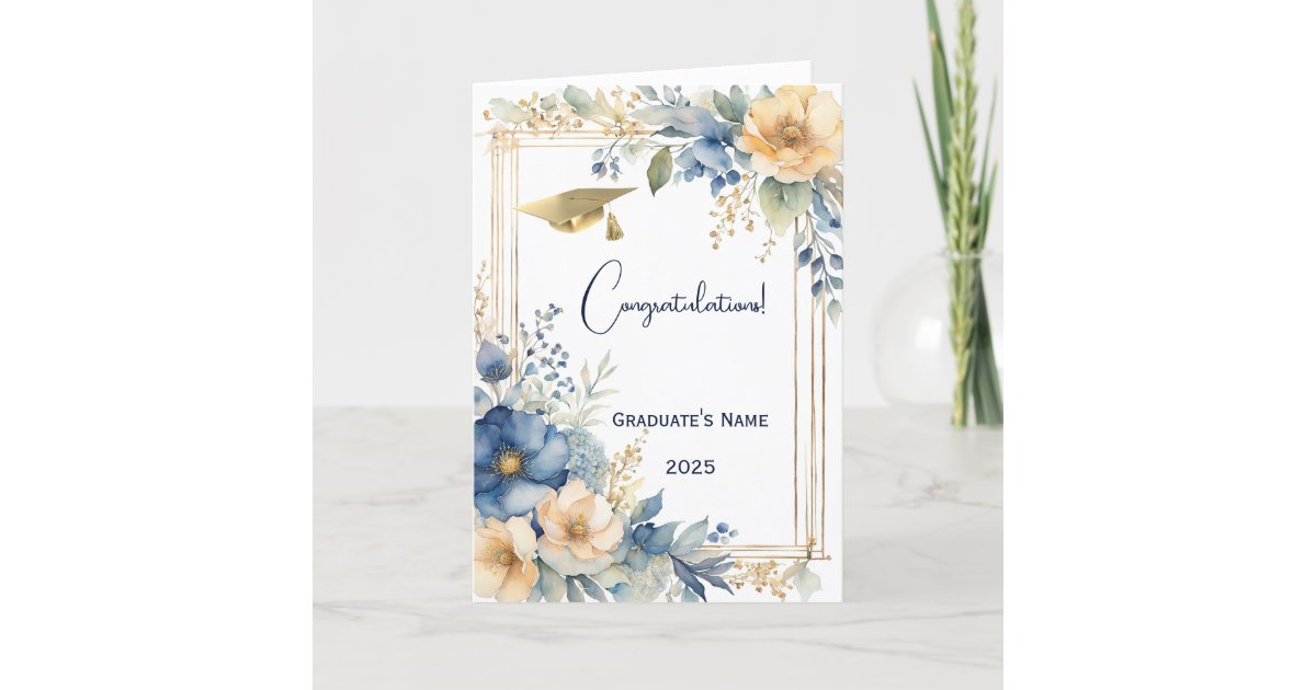 Elegant Blue Peach Flowers Personalized Graduation Card | Zazzle
