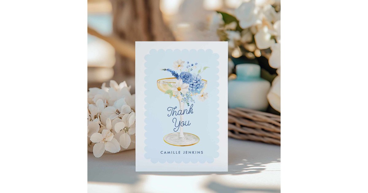 Elegant Blue Petals and Prosecco Thank You Card | Zazzle