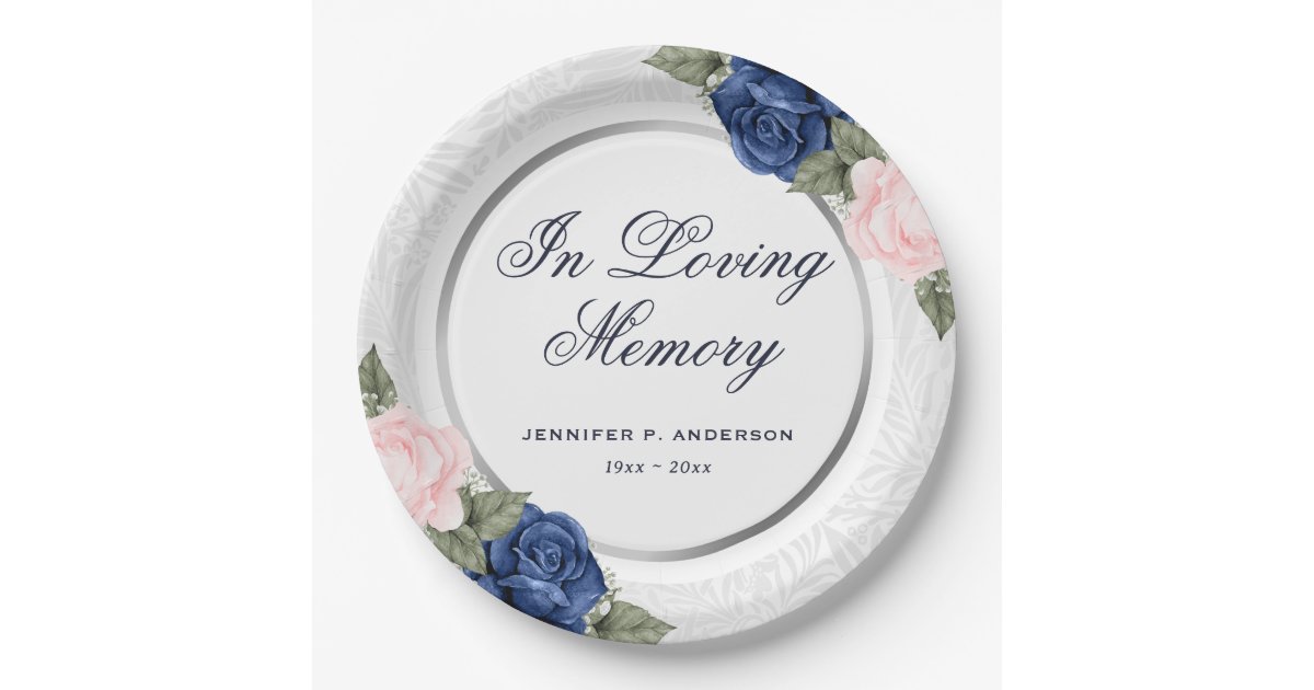 Elegant Blue Pink Floral Memorial Funeral Paper Plates | Zazzle