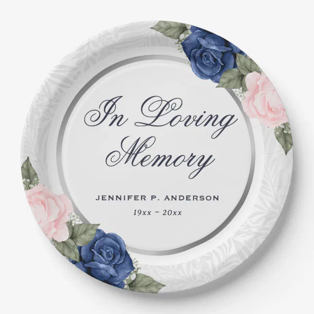 Elegant Blue Pink Floral Memorial Funeral Paper Plates | Zazzle