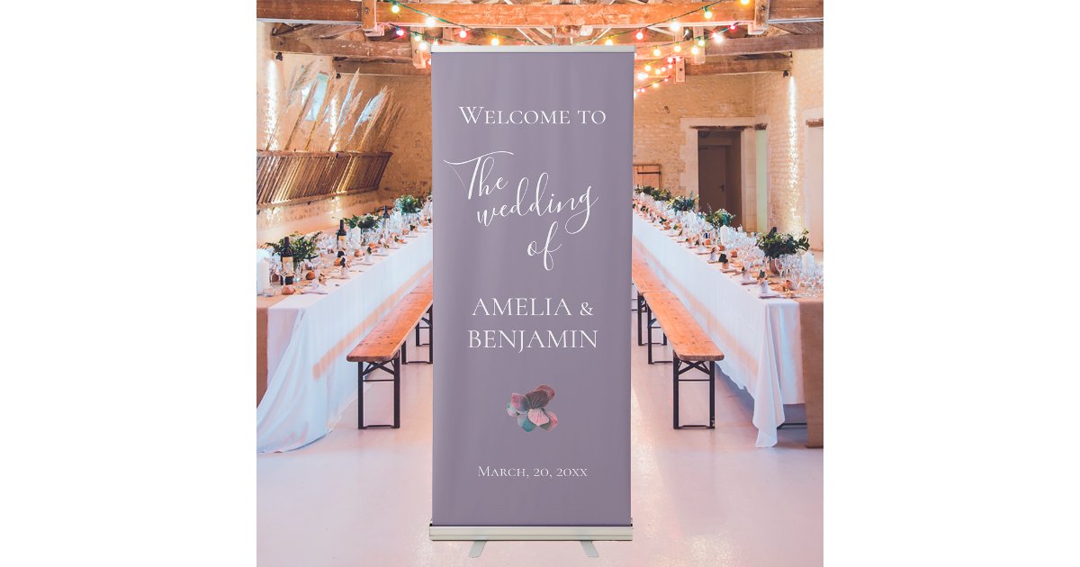 Elegant Blue Purple Hydrangeas Wedding Welcome Retractable Banner | Zazzle