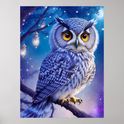 Elegant Blue Purple Magical Owl Comic AI Art Poster | Zazzle