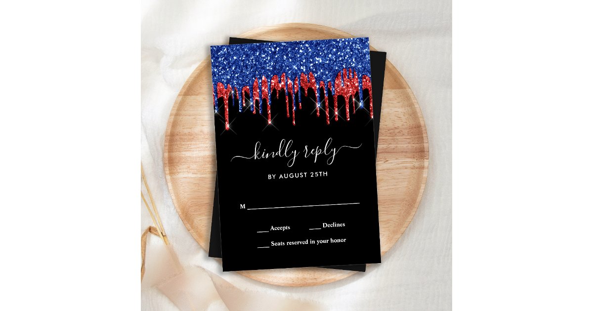 Elegant Blue Red Black Glitter Drips Wedding RSVP Note Card | Zazzle