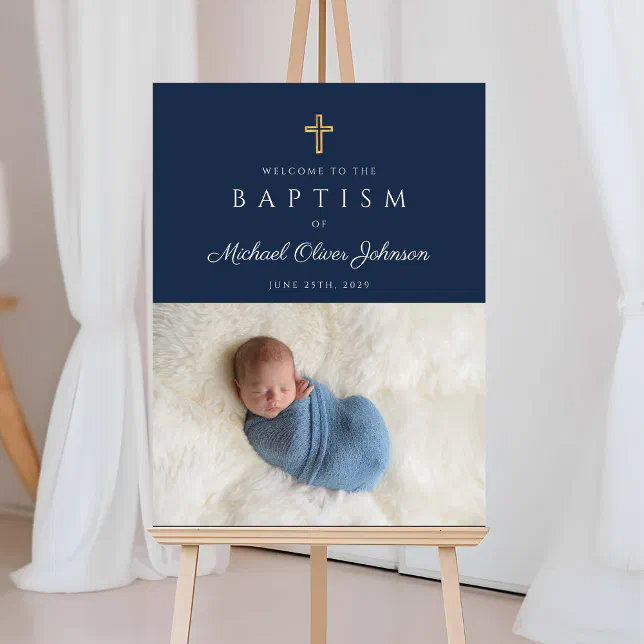 Elegant Blue Religious Cross Boy Baptism Welcome Foam Board | Zazzle