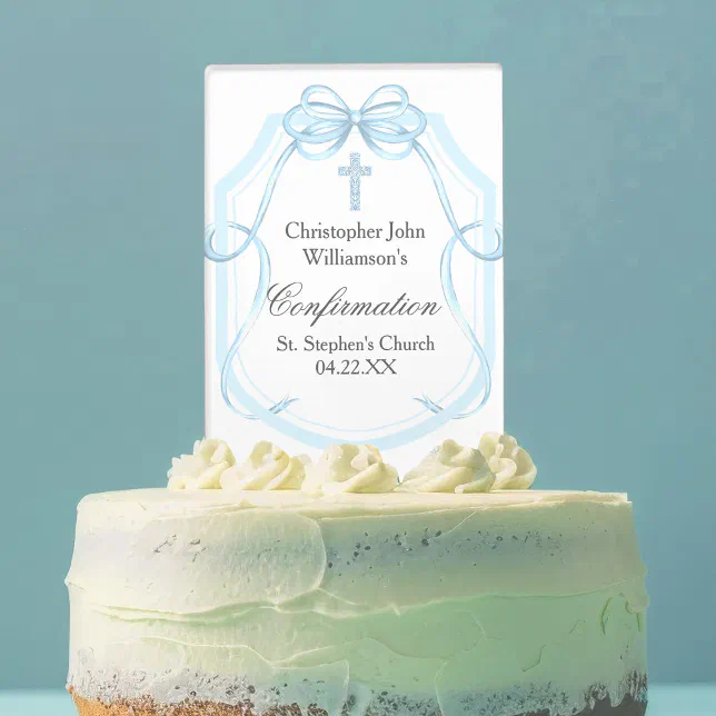 Elegant Blue Ribbon Bow Confirmation Party Cake Topper | Zazzle