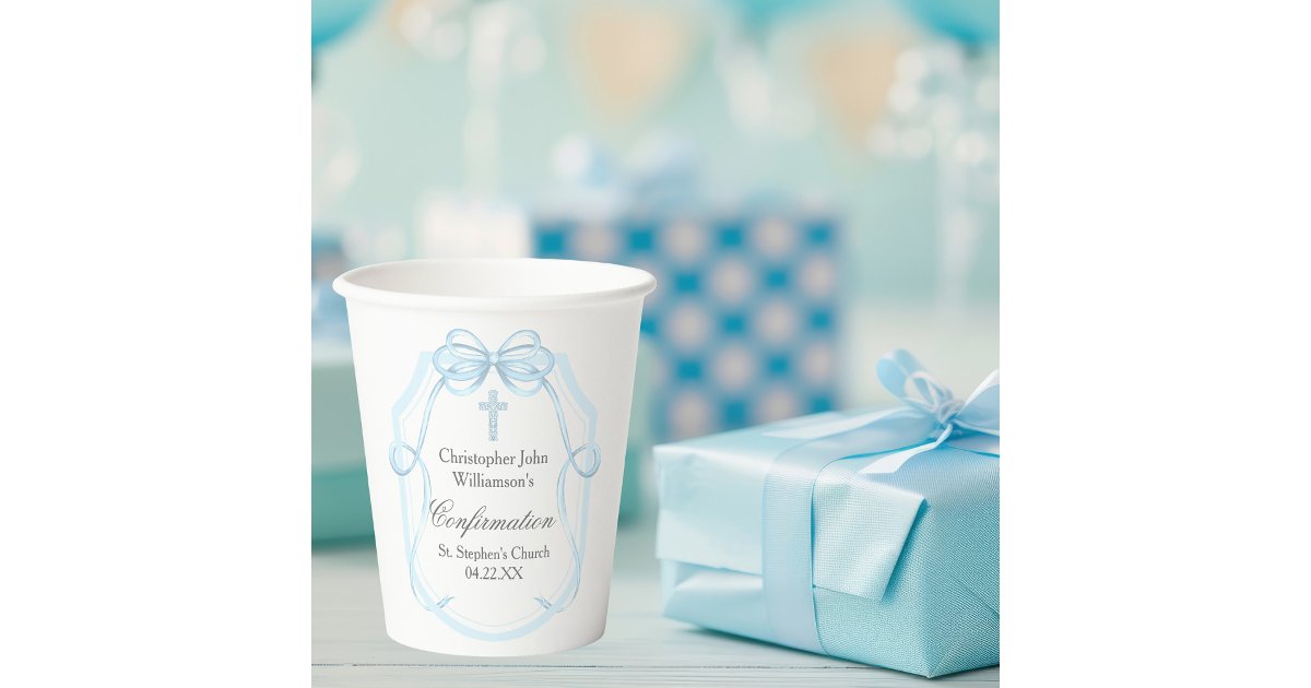 Elegant Blue Ribbon Bow Confirmation Party Paper Cups | Zazzle