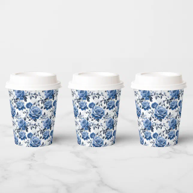 Elegant blue rose pattern paper cups | Zazzle