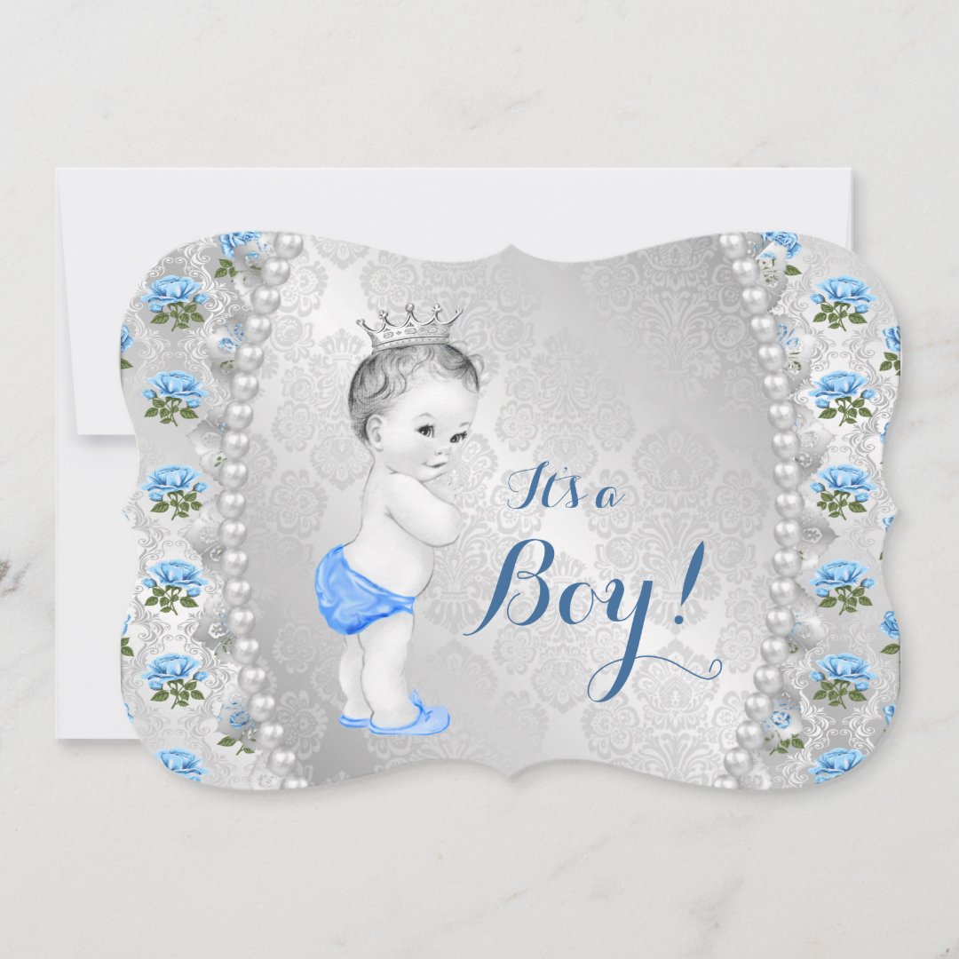 Elegant Blue Rose Pearl Baby Blue Baby Shower Invitation | Zazzle