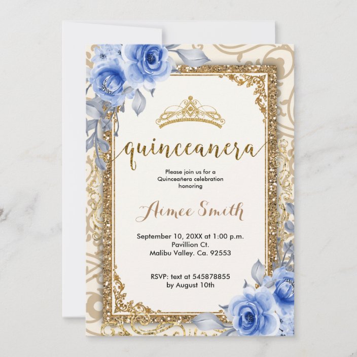 Elegant Blue Roses Floral Gold Mis Quince Invitation | Zazzle.com
