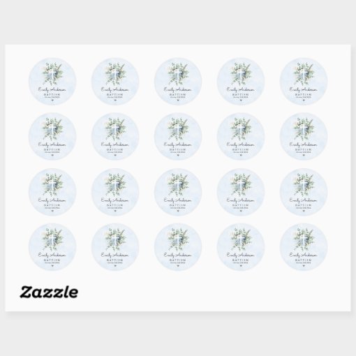 Elegant Blue Roses Greenery Baptism Christening Classic Round Sticker ...