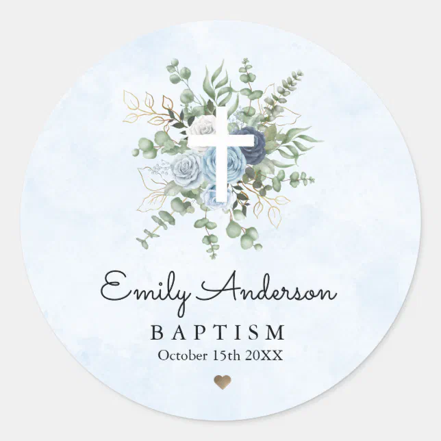 Elegant Blue Roses Greenery Baptism Christening Classic Round Sticker ...