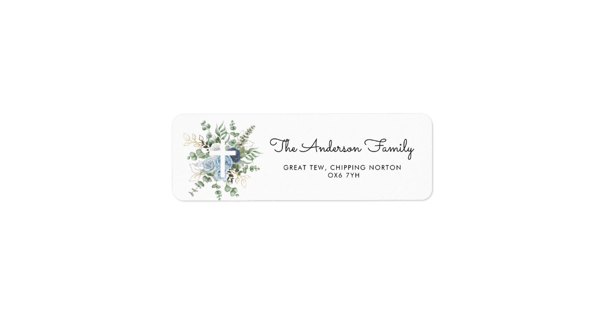 Elegant Blue Roses Greenery Baptism Christening Label | Zazzle