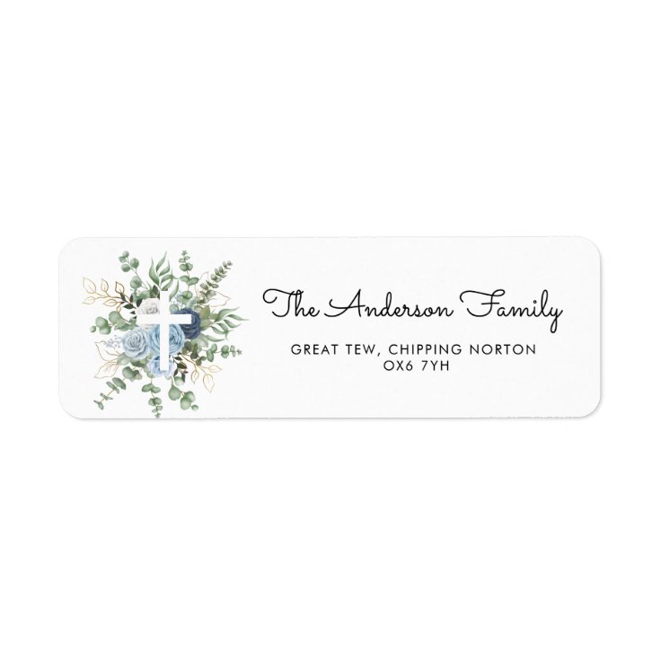 Elegant Blue Roses Greenery Baptism Christening Label | Zazzle