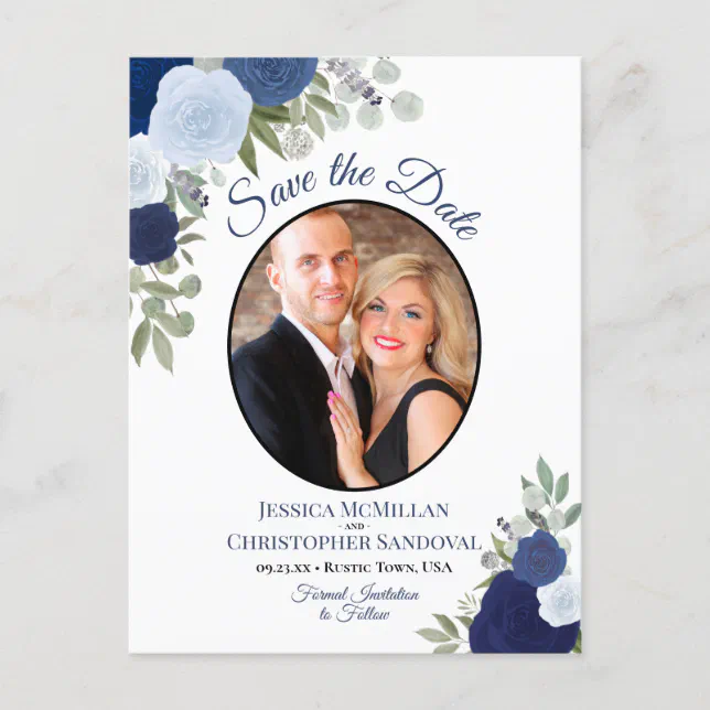 Elegant Blue Roses & Photo Wedding Save the Date Announcement Postcard ...