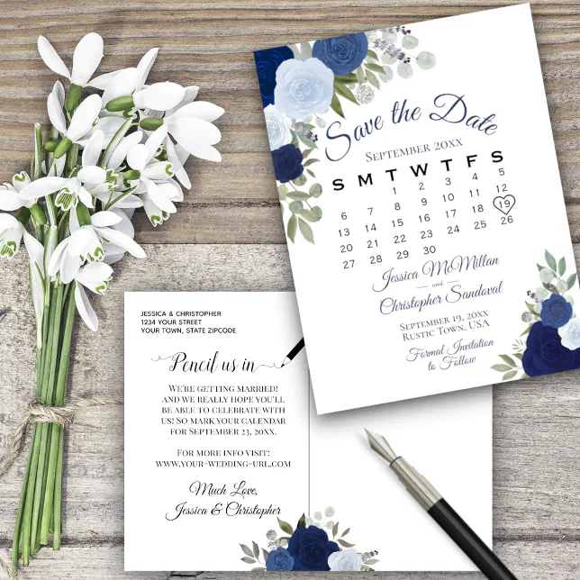 Elegant Blue Roses Wedding Save the Date Calendar Announcement Postcard ...