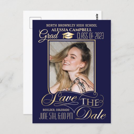 Elegant Blue Save the Date Graduation Postcard | Zazzle
