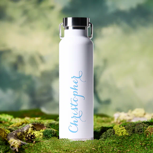 Elegant Blue Script Custom Name Monogrammed White Water Bottle | Zazzle