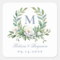 Elegant Blue Script Floral Crest Monogram Wedding Square Sticker | Zazzle