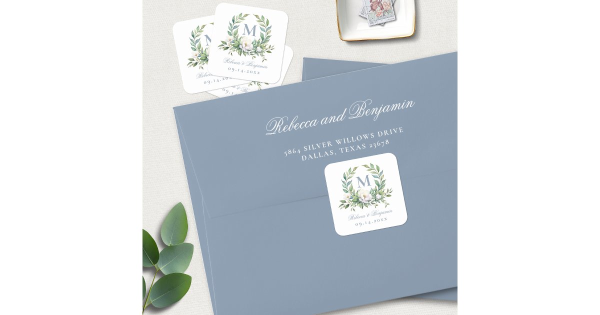Elegant Blue Script Floral Crest Monogram Wedding Square Sticker | Zazzle