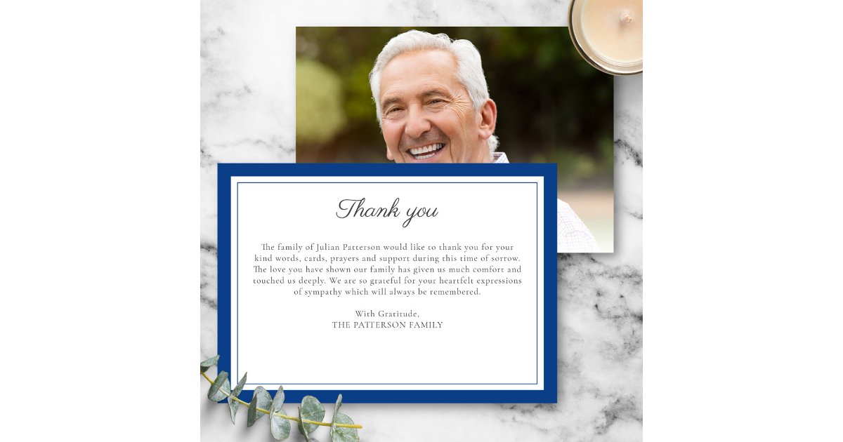 Elegant Blue Script Funeral Photo Thank You Card | Zazzle