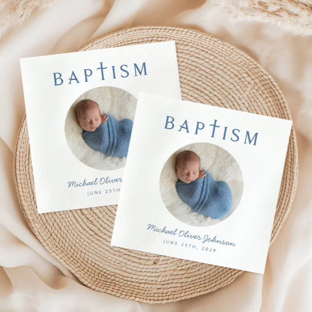Elegant Blue Script Photo Baptism Napkins | Zazzle