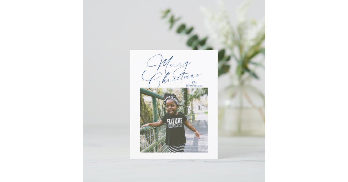 Elegant Blue Script Photo Budget Christmas Card | Zazzle