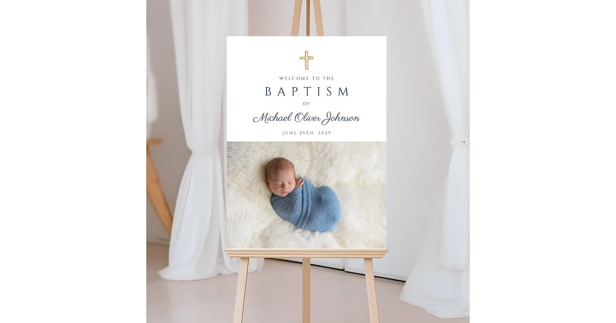 Elegant Blue Script Religious Boy Baptism Welcome Foam Board | Zazzle